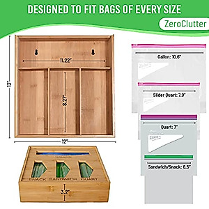 ZeroClutter Ziplock Bag Organizer for Kitchen Drawer: Fits Snack, Sandwich, Quart, Slider Quart, and Gallon Ziplock Bags; Bamboo Drawer Organizer for Kitchen Organization