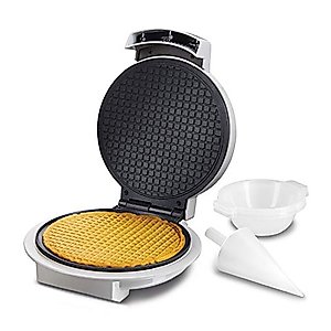 Proctor Silex Waffle Cone and Ice Cream Bowl Maker with Browning Control, Shaper Roller and Cup Press, 7.5” Nonstick Plates, White (26410)