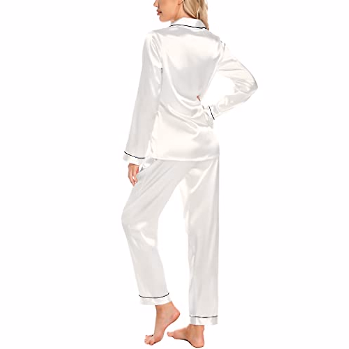 Pjmlifecoco Women's Silk Pjs Set Satin Long Pajamas Top and Pants 2 Pieces Sleepwear with Pockets White
