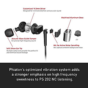 Phiaton PS 202 NC Active Noise Cancelling Wired Earbuds in Ear Stereo Earphones with Microphone and Remote, 10 Hours Playtime, 3.5mm Jack, Premium Aluminum Construction Headphones