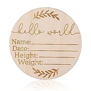 AIEX Wooden Baby Announcement Sign, 5.9 Inch Round New Baby Sign Birth Announcement Sign, Baby Name Sign Hello World Newborn Welcome Sign for Hospital Photo Prop Baby Shower Nursery Gift