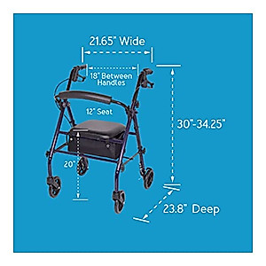 Carex Steel Rollator Walker with Seat and Wheels - Rolling Walker for Seniors - Walker Supports 350lbs, Foldable, For Those 5'0" to 5'8", Walker With Wheels