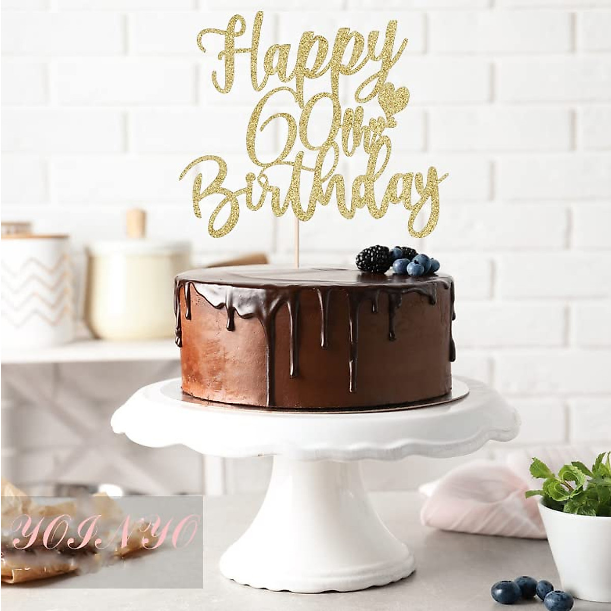 YUINYO 60th Handmade Glitter happy birthday Cake Topper, Cheers to 60th birthday Cake Bunting Decor,Birthday Party Decoration Supplies (Gold)