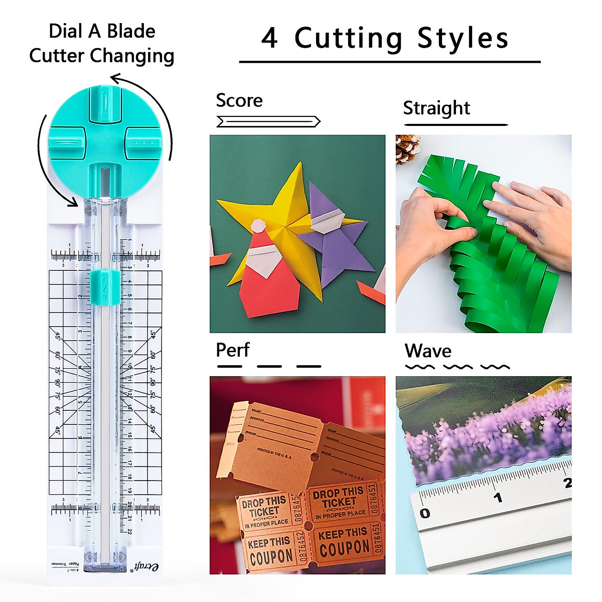 Paper Trimmer Craft Paper Cutter: 4 Style Multi-Function Scrapbooking Tool with Dial Blades of Straight,Wave,Dotted,Perforated,Creasing for Cutting Paper,Coupons,Photos,Postcards,Scrapbook,Card