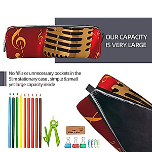 allgobee Pu Leather Pencil Bag Pen Case Microphone-Abstract-Musical Students Stationery Pouch Pencil Holder Desk Organizer