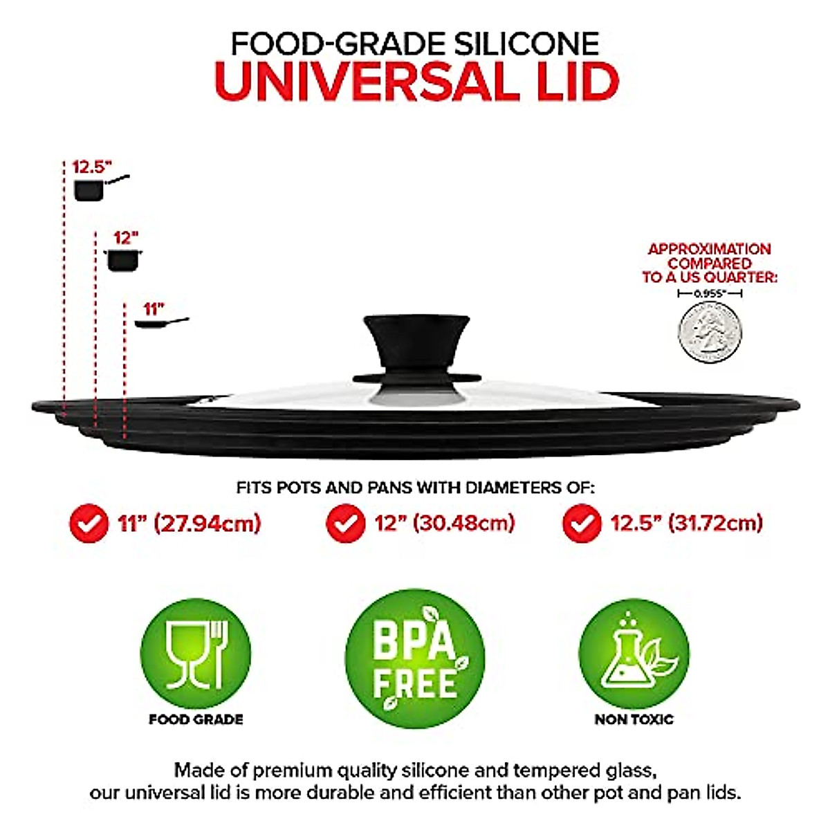 Modern Innovations Silicone & Glass Universal Lid (11 to 12.5 Inches),BPA-Free Silicone Lid with Stay Cool Handle & Tempered Glass Top,Dishwasher Safe,Universal Lid for Pots, Skillets, Cast Iron