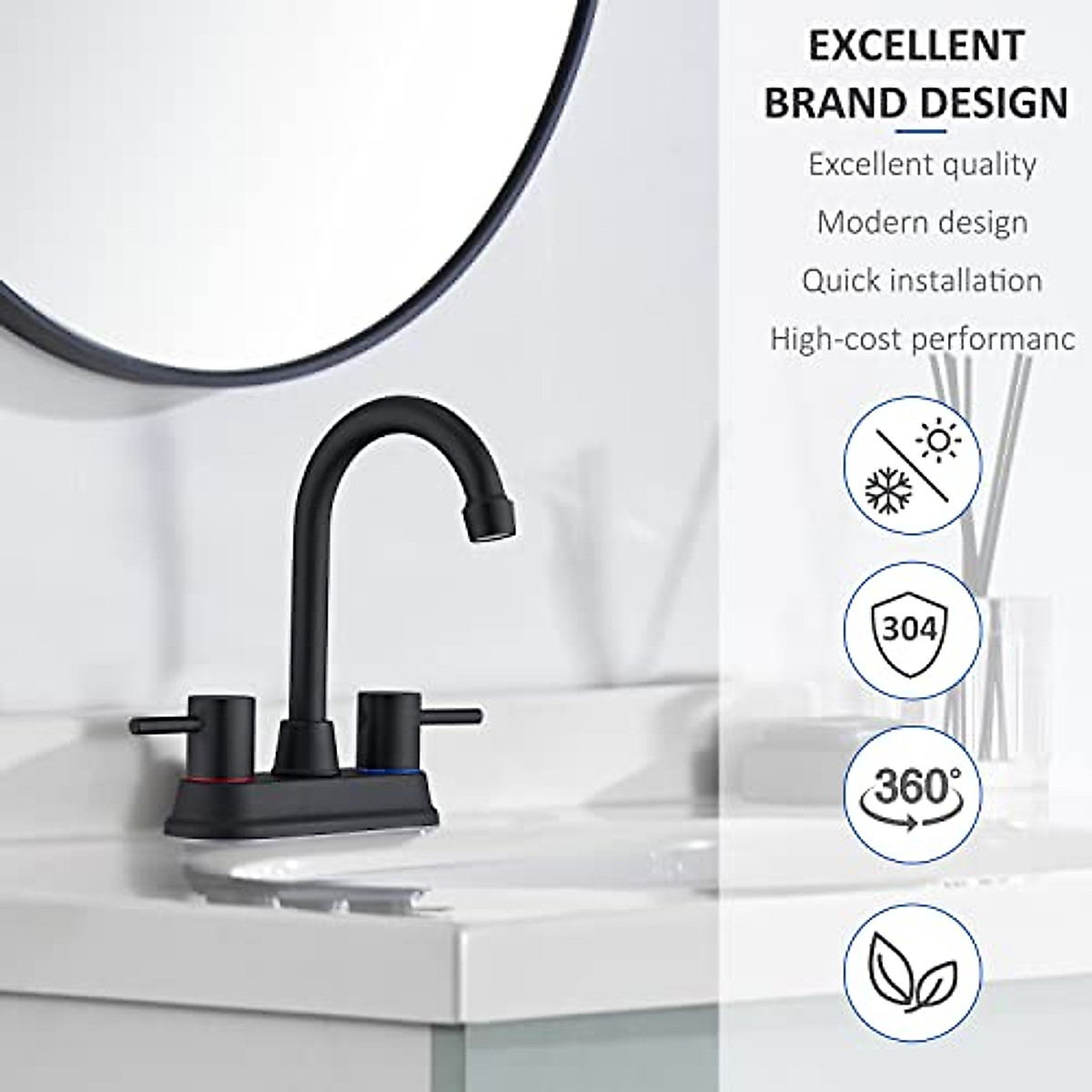 BONADE Black Bathroom Faucets, 2 Handle Bathroom Sink Faucet, 4 Inch Bathroom Sink Faucet 2 or 3 Hole, with Valve and Pop-Up Drain Assembly, Matte Black