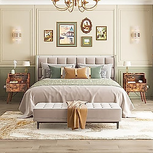 Nightstand with Drawer, Side Table with Charging Station, Mid-Century Modern End Table, 2-Tiers Storage Space Bedside Table with Solid Wood Legs, Brown Night Stand for Living Room, Bedroom