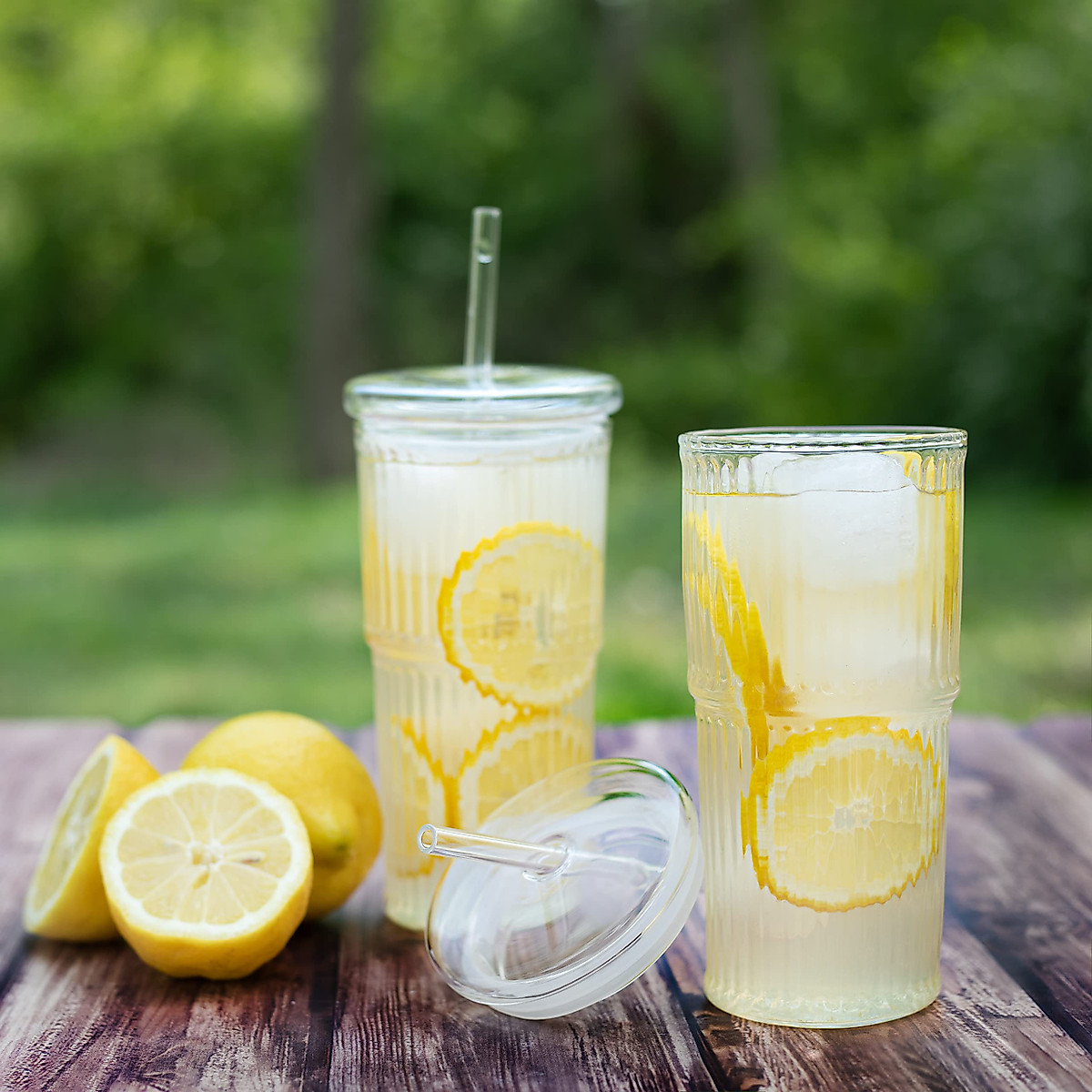 Birchland All Glass Iced Coffee Cup with Lid and Straw, Ribbed Glass Tumbler Set of 2 (18 oz)