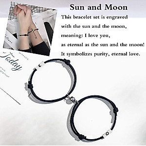 4PCS Sun and Moon Couple Promise Jewelry Set Black Hand-Woven Bracelets Couple Opening Rings for Lovers Best Friends