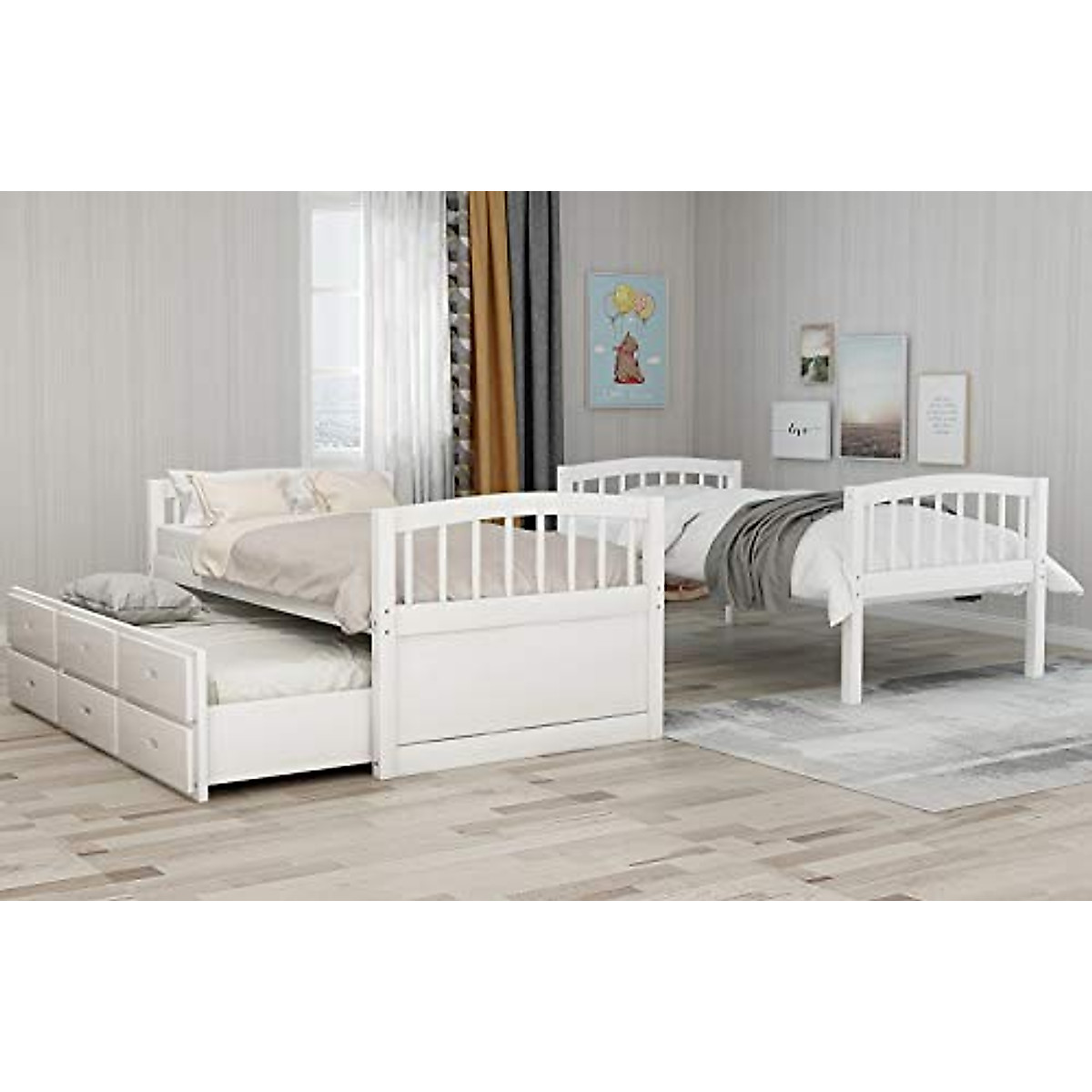 Harper&Bright Designs Twin Over Twin Bunk Bed with Safety Rail, Ladder, White Twin Trundle Bed with 3 Drawers for Kids, Teens Bedroom, Guest Room Furniture