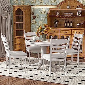 WOZNLA 5-Piece Vintage Round Wood Extendable Dining Table Set with Four Cushioned Chairs - Charming Antique White Dining Ensemble for 4