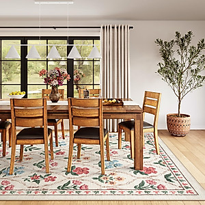 LIVEBOX Beige Living Room Rug 8x10, Soft Ultra-Thin Retro Rugs for LivingRoom, Thin Non-Slip Cream Rug for Bedroom, Low-Pile Floral Boho Rug for Dining Room(8 x 10ft, Beige/Multi)