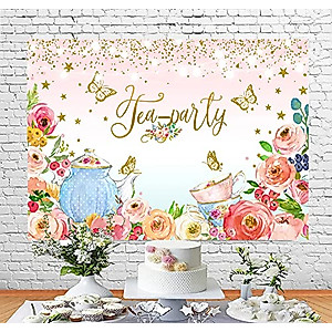 Pink Floral Tea Party Backdrop Glitter Gold Dots Butterfly Let's Partea Photography Background for Women Birthday Bridal Baby Shower Decorations Girls Wonderland Party Banner Photo Booth Props 10x7ft