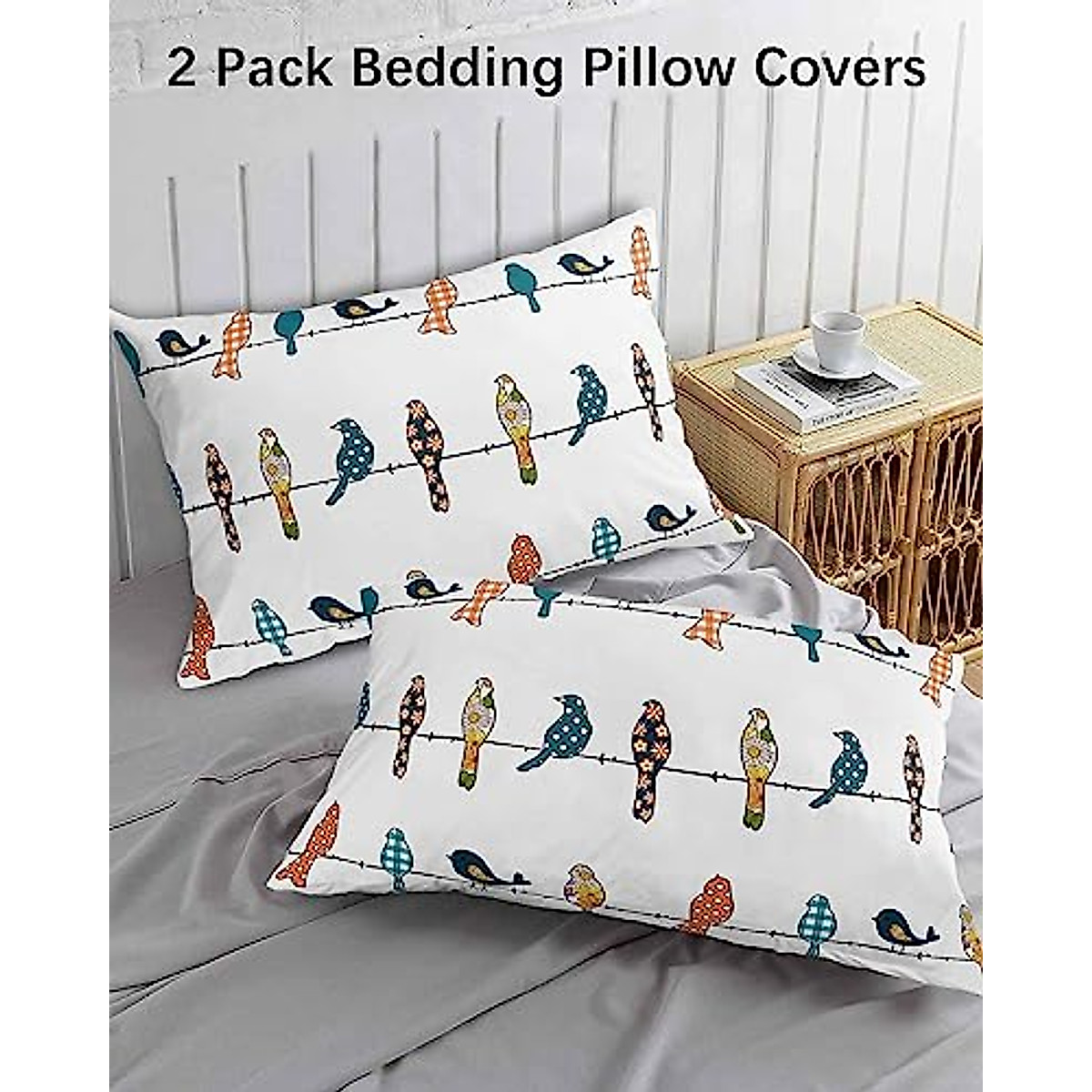 Edwiinsa Orange Teal Plaid Pillow Covers Standard Size Set of 2 20x26 Bed Pillow, Rustic Turquoise Spring Floral Birds Plush Soft Comfort for Hair/Skin Cooling Pillowcases with Envelop Closure