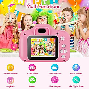 Kids Camera, Toddler Camera Children Digital Camera Toys with 13MP Video Camcorder 32GB SD Card and Camera Case for 3–10 Year Old Boys and Girls Pink