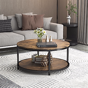 NSdirect 36 inches Round Coffee Table, Rustic Wooden Surface Top & Sturdy Metal Legs Industrial Sofa Table for Living Room Modern Design Home Furniture with Storage Open Shelf (Brown)