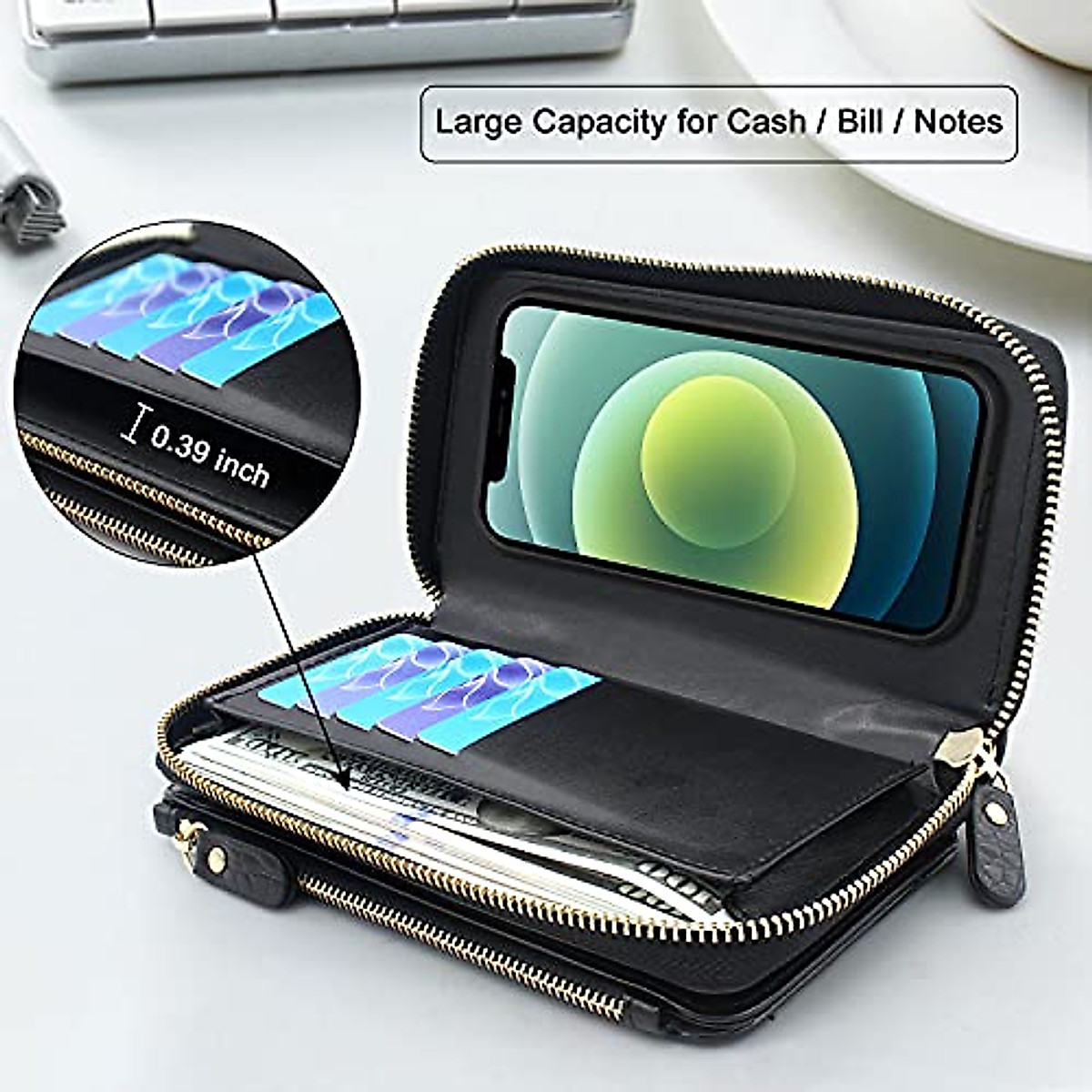 Lacass Dual Zipper Leather Wallet Case Card Slots [Cards Theft Scan Protection] Detachable Magnet Phone Cover Money Pocket Crossbody Chain Lanyard for iPhone 12/12 Pro (Black)