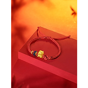 ZHOU LIU FU 24K Solid Gold Bracelet for Women, Real Pure Gold Jewelry Dainty Fortune Pixiu Ball Dragon Turtle Adjustable Red Black Braided Bracelet for Men Girlfriend