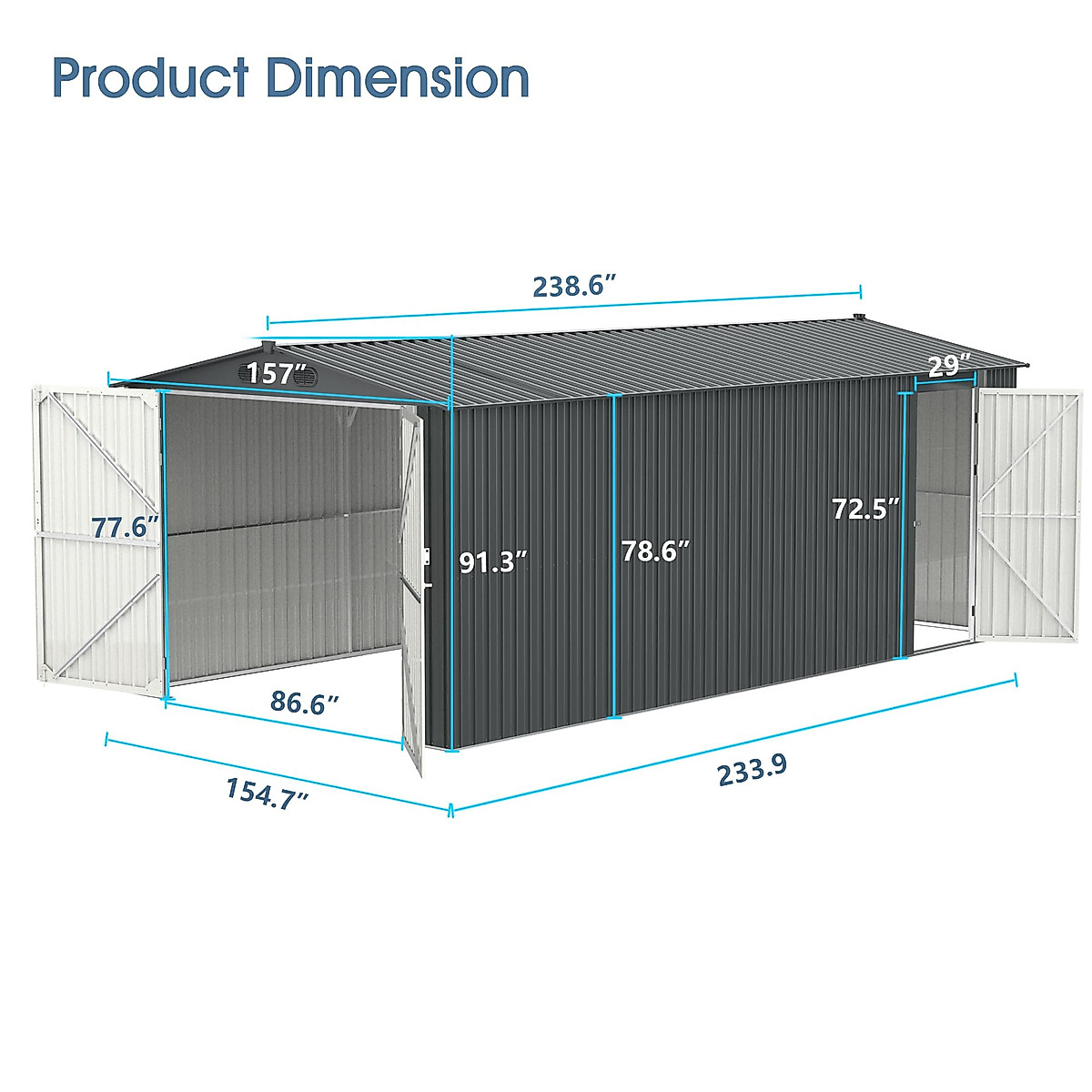 13 x 20 FT Outdoor Storage Shed, Large Metal Garden Shed with 2 Lockable Doors, Tool Shed Outdoor Storage with 4 Air Vents, Garage Shed Waterproof for Car, Truck, Bike, Garbage Can, Tool, Dark Gray