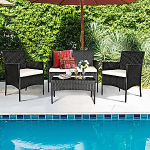 HAPPYGRILL 4PCS Patio Furniture Set Rattan Wicker Conversation Set Outdoor Patio Table Chair Set Wicker Sofas and Coffee Table Set for Garden Lawn Poolside