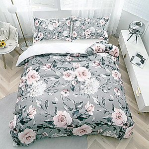 TOPTREE Rose Floral Duvet Cover Twin Size - Grey Floral Duvet Cover Set with Zipper Closure, Soft & Breathable Chic Garden Floral Bedding Set with 2 Pillowcases Gorgeous Floral Comforter Set