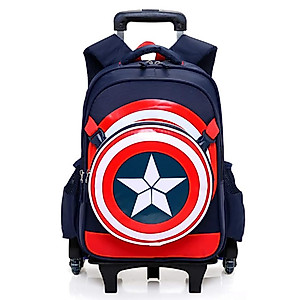 FENGJINRUHUA Boy Girl Lightweight Kid's School SchoolBag Shield Superhero Detachable Two In One Tie Rod Rolling Backpack With Six Wheels Navy