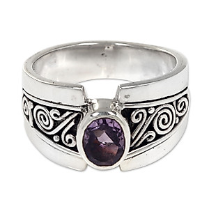 NOVICA Artisan Handmade .925 Sterling Silver Amethyst Single Stone Ring Artisan Crafted with Purple Indonesia Birthstone 'Purple Karma'