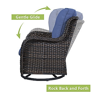 Patio Chairs Rocking Swivel Chair - 2 Piece Wicker Rocker Chairs Set with High Back and Deep Seating for Outdoor Outside Deck Porch Garden(Brown Wicker/Blue Cushion)