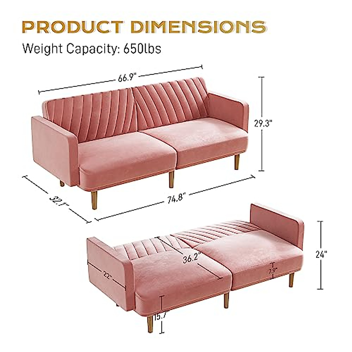 OUYESSIR Futon Sofa Bed, Convertible Sleeper Sofa with Wood Legs, 74.5“ Splitback Sofa with 2 Pillows, Velvet Futon Couch for Living Room (Rose Pink)