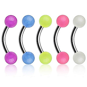 Forbidden Body Jewelry 16G (8mm) Surgical Steel Curved Barbells for Eyebrow/Rook/Daith Piercing and More (5-Pack of Glow-in-the-Dark)