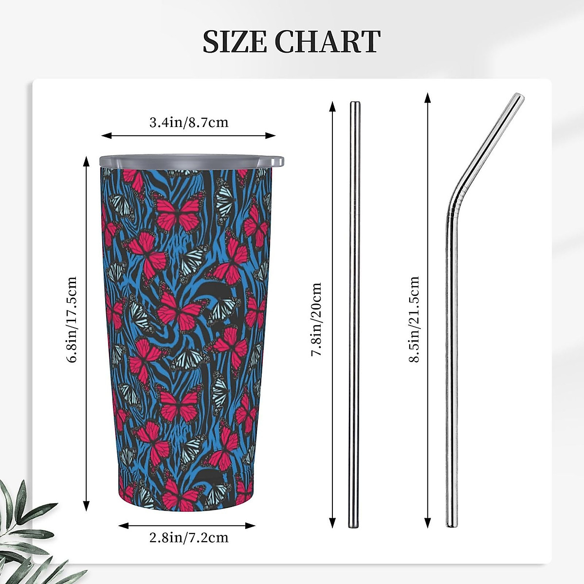 20oz Tumbler Red Butterfly Pattern Double Wall Vacuum Insulated Coffee Mug with Lid and Metal Straw Brush Reusable Stainless Steel Water Bottle Travel Cup Gifts for Car Ice Drinks Hot Beverage