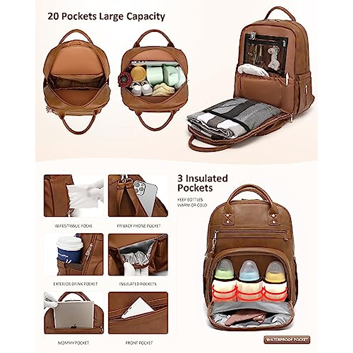 ROSEGIN Vegan Leather Diaper Bag Backpack with Changing Pad and Pacifier Holder, Multi-Functional Baby Bag for Boy Girl, Waterproof for Travel, Perfect Baby Shower Gifts for Mom, Dad, Newborn, Brown