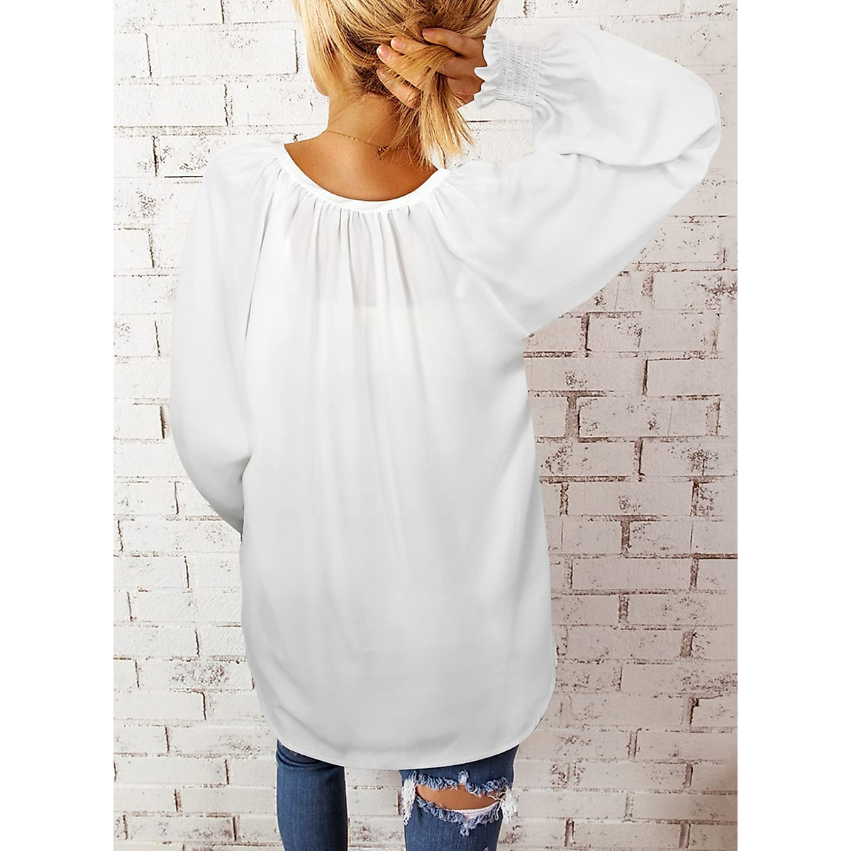 Dokotoo Spring Summer Tops for Women Trendy Elegant Ladies Tops and Blouses for Women Dressy Casual Long Sleeve Shirts V Neck Chiffon Blouses Plus Size Business Casual Tops White Blouses for Women XL