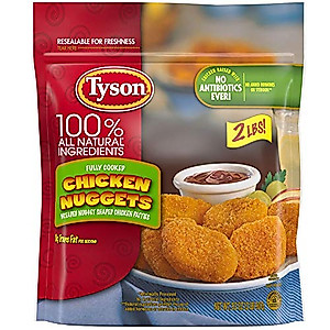 Tyson Fully Cooked Breaded Nugget Shaped Chicken Patty, 2 Pound -- 12 per case.