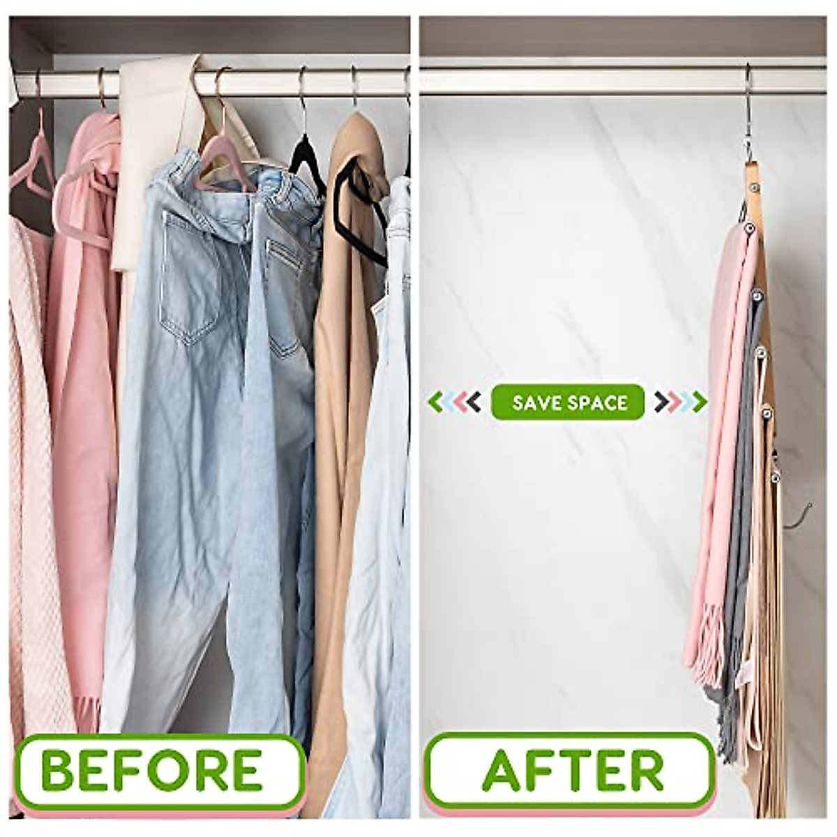 Unjumbly 2 Pack Magic Pants Hangers - Space Saving Hanging Closet Organizer for Trousers, Jeans, Leggings, Skirts, Scarves, Stainless Steel Wooden Hangers