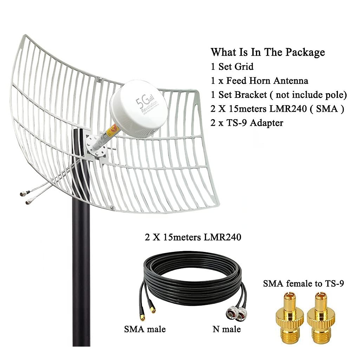 MIMO 4G LTE/ 5G Antenna Outdoor Directional Long Range Parabolic Grid Antennas for t-Mobile 4G LTE/5G WiFi Hotspots/High Gain 2x2 30dBi/ 698-6000MHz/ 2pcs 15meters LMR240 Cable SMA TS-9