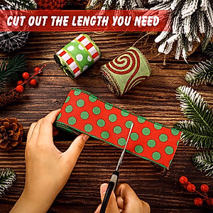 Yinder 3 Rolls Christmas Wired Ribbon Red and Lime Green Christmas Wrapping Ribbon 2.56 in Wide Polka Dot Swirl Fabric Xmas Decorative for DIY Crafts Tree Decorations