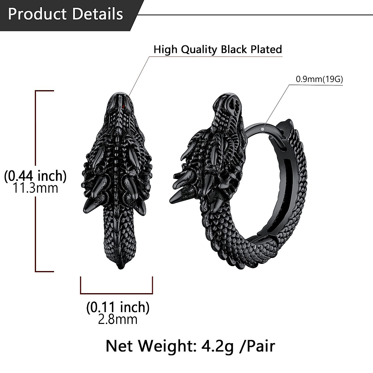 U7 Dragon Earrings Black Metal Plated Huggie Hoops Punk Rock Animal Earrings for Men Women