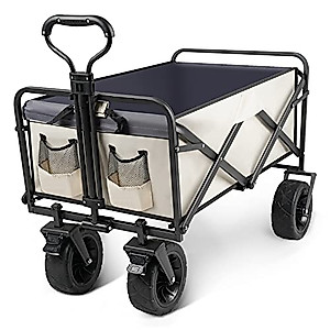 COOZMENT All Terrain Utility Wagon,Folding Wagon Heavy Duty,Collapsible Folding Wagon Cart with Big Wheels,Beach Wagon Cart with 280lbs Weight Capacity,Lounge Wagon for Camping Sports Outdoor(Beige)
