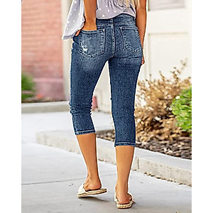 Utyful High Waisted Skinny Capri Jeans for Women Ripped Jean Capris Denim Pants Cobalt Night Blue Large
