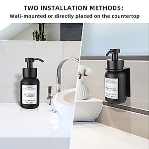 Nobtou Black Soap Dispenser Wall Mount for Bathroom - 8.5 Oz Glass Hand Soap Dispenser with Pump and Drill-Free Wall Mount Holders, Shower Soap Dispenser with Waterproof Labels