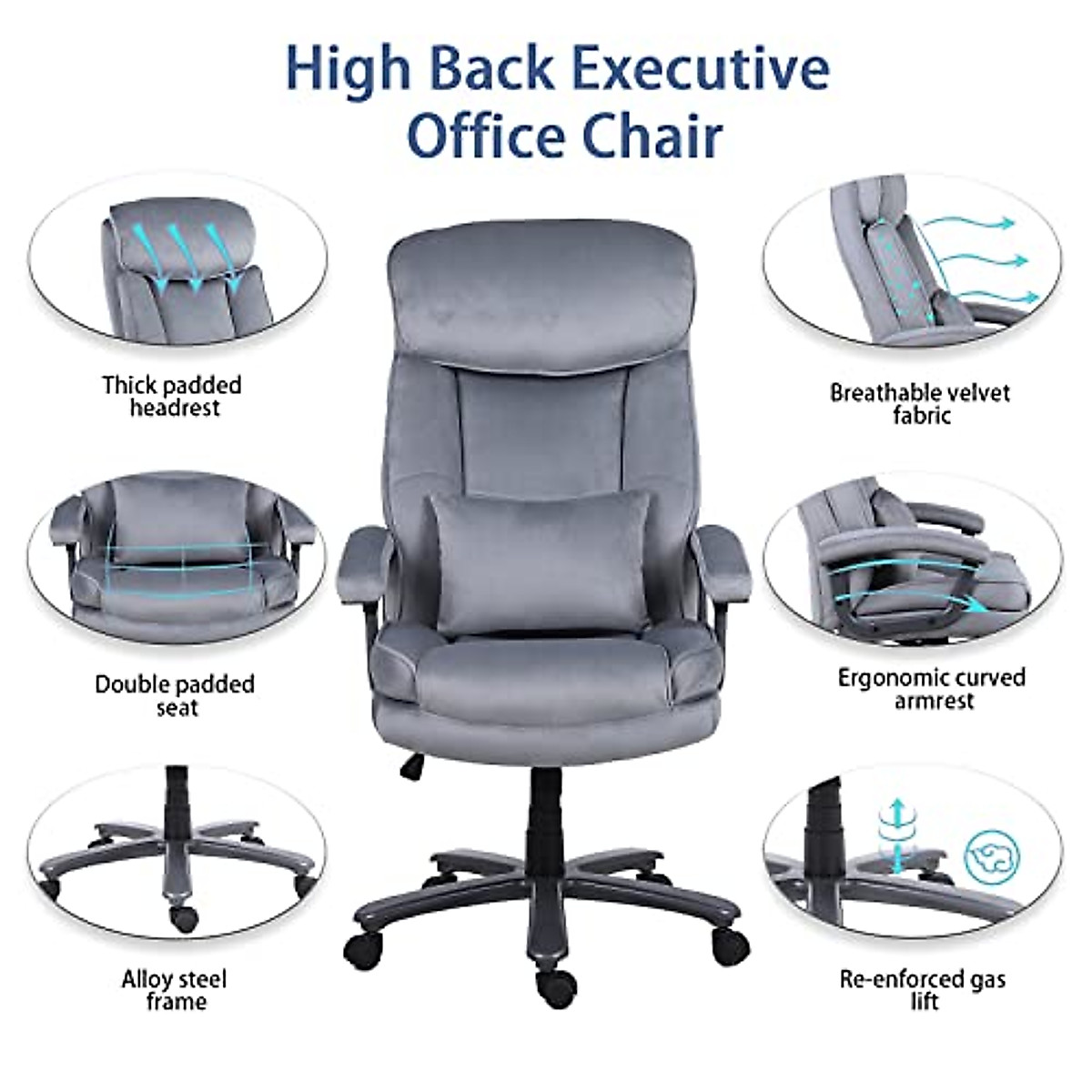 Dreamsir Ergonomic High Back Executive Office Chair 400lbs, Adjustable Height Rocking Swivel Computer Desk Chair for Heavy Tall People, Thick Padding Headrest and Armrest (Gray)