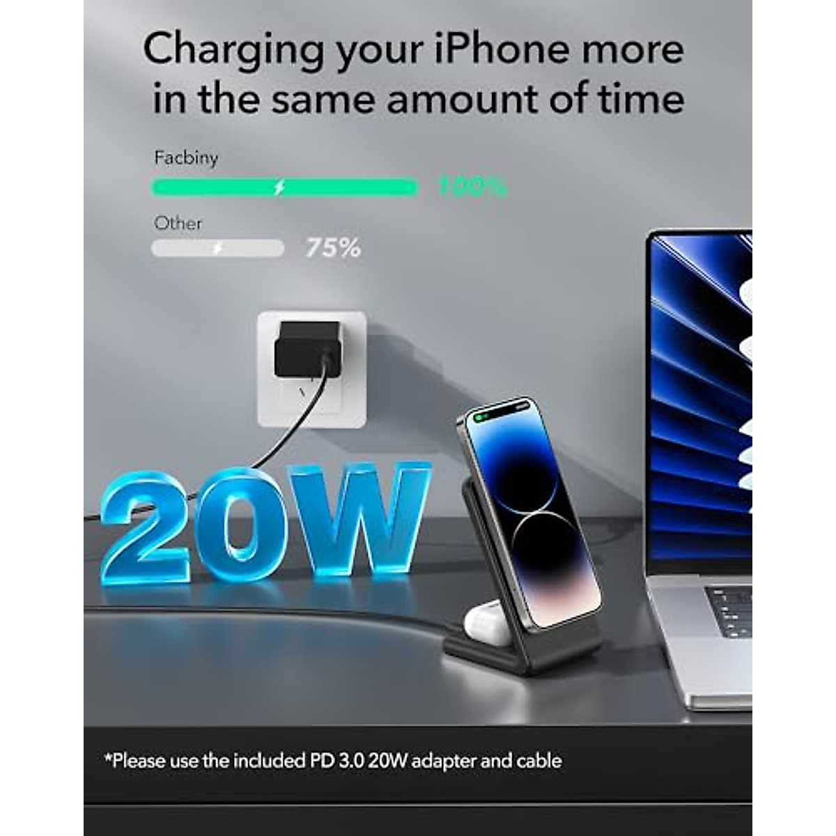 FACBINY 2-in-1 Magnetic Fast Wireless Charging Station for Multiple Devices Apple with 20W Adapter, Mag-Safe Charger Stand for iPhone 15/14/13/12/Pro/Max/Mini, AirPods Pro 2/Pro/3 (Black)