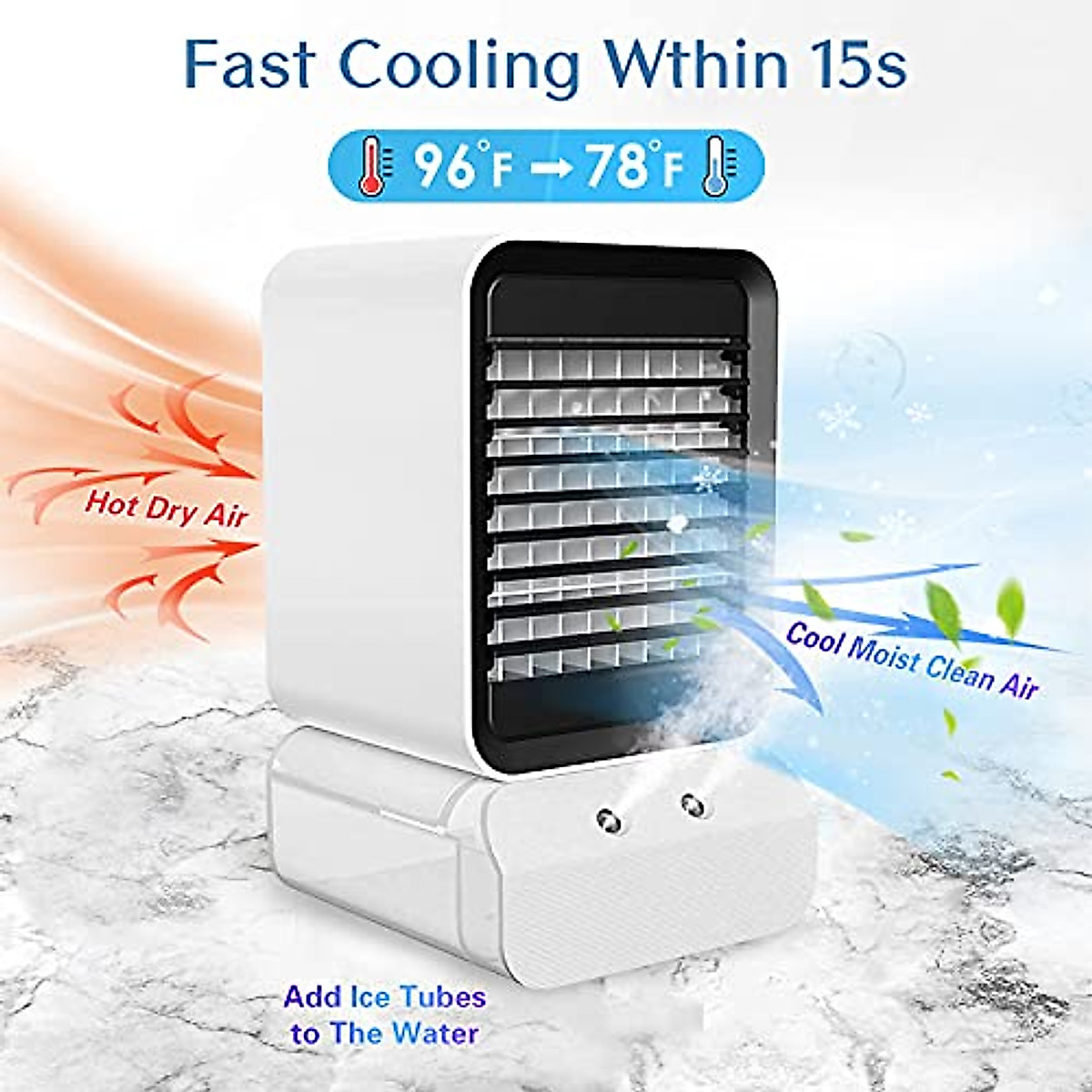 Mini Air Conditioner - Portable Air Conditioner Fan Small AC Unit Personal Desktop Air Cooler Fan - 3 Wind Speeds 7-Color NightLight & Humidify for Dorm Room Office