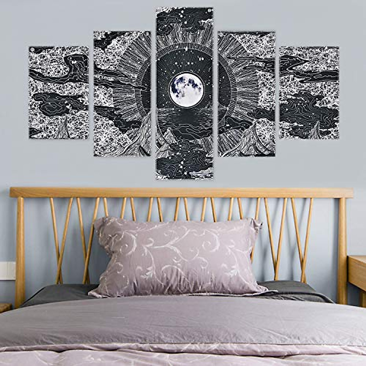 Livole Moon Star Prints Wall Art, 5 Piece Frameless Black White Fresco Wall Paintings, Mountain and Clouds Picture Print with 10 Nails for Room