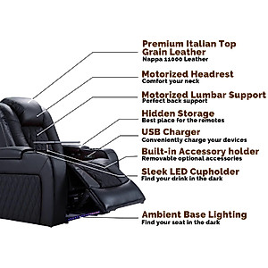 Valencia Tuscany Home Theater Seating | Premium Top Grain Italian Nappa 11000 Leather, Power Reclining, Power Lumbar Support, Power Headrest (Row of 2 Loveseat, Black)
