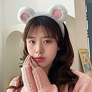 BYBYCD Plush Bear Ear Headband Hair Hoop Head Wrap Wash Face Non Slip Hairbands For Girls Women(white&pink)