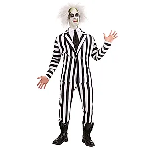 Plus Size Beetlejuice Costume - Black & White Striped Tuxedo Jacket, Pants, and Attached Shirt & Tie, Officially Licensed 3X