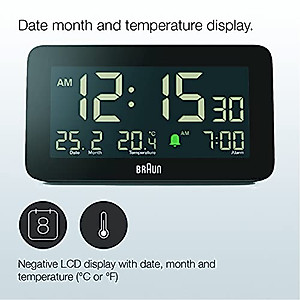 Braun Digital Alarm Clock with Date, Month and Temperature Displayed, Negative LCD Display, Quick Set, Crescendo Beep Alarm in Black, Model BC10B.